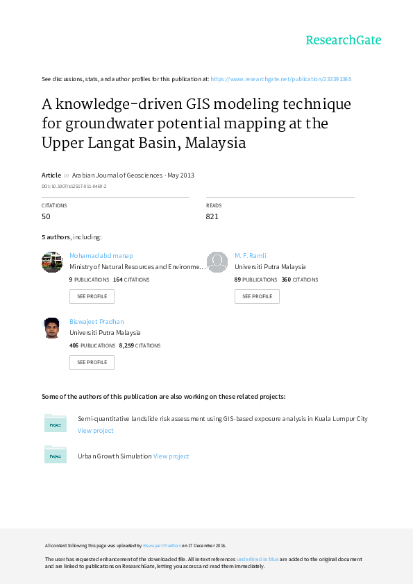(PDF) A knowledge-driven GIS modeling technique for groundwater potential mapping at the Upper ...