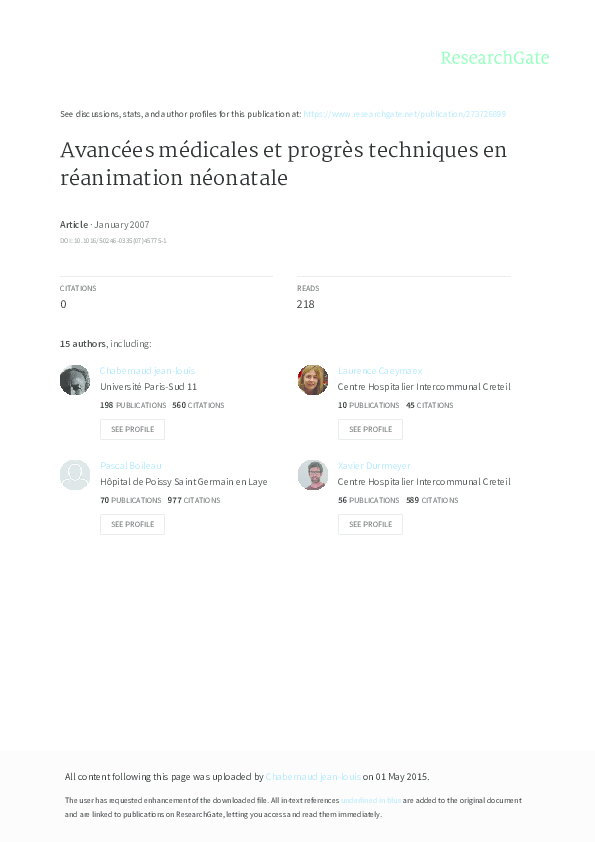 (PDF) Avancées médicales et progrès techniques en réanimation néonatale