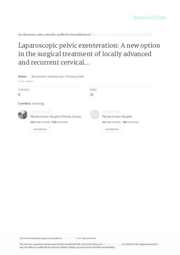 (PDF) Survival after pelvic exenteration for cervical and vaginal cancer | Gustavo Guimarães ...