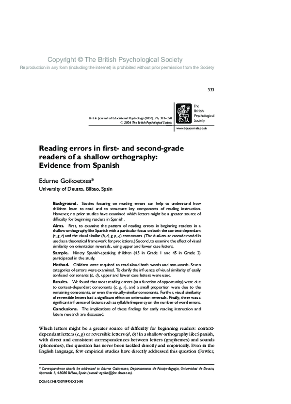 (PDF) Reading errors in first- and second-grade readers of a shallow orthography: Evidence from ...