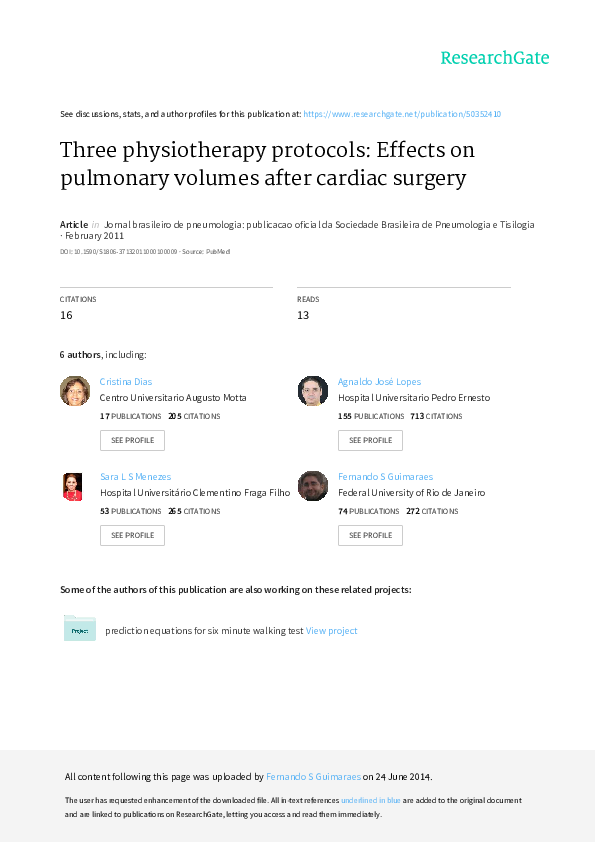 (PDF) Three physiotherapy protocols: effects on pulmonary volumes after cardiac surgery