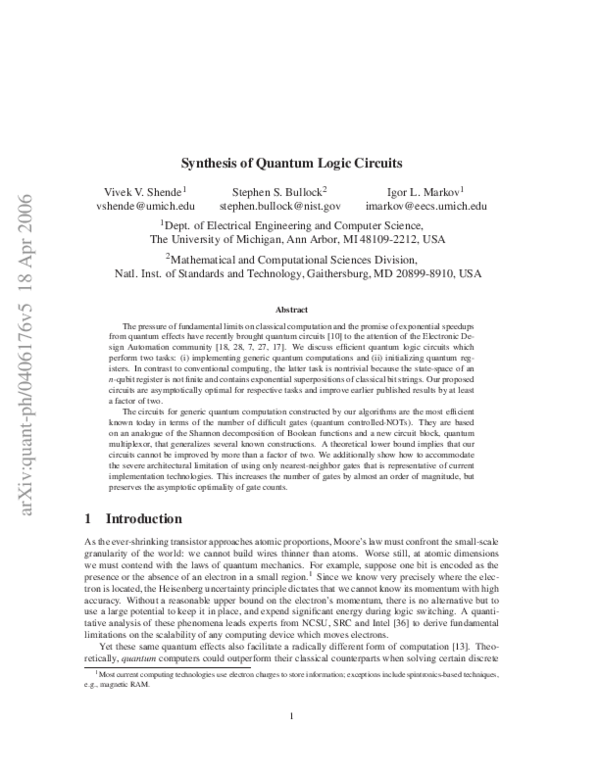 Pdf Synthesis Of Quantum Logic Circuits