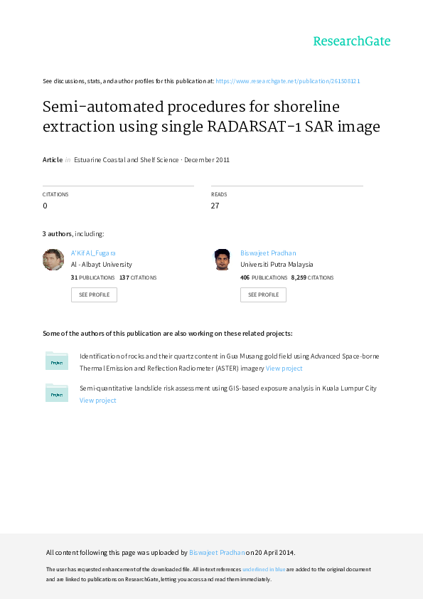Pdf Semi Automated Procedures For Shoreline Extraction Using Single Radarsat 1 Sar Image