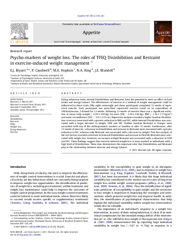(PDF) Psycho-markers of weight loss; the roles of TFEQ disinhibition ...