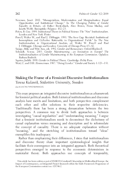 (PDF) Staking the Frame of a Feminist Discursive Institutionalism