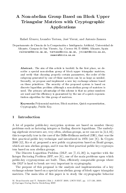 (PDF) A Non-abelian Group Based on Block Upper Triangular Matrices with Cryptographic Applications