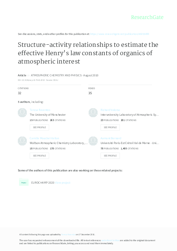 (PDF) Structure-activity relationships to estimate the effective Henry ...