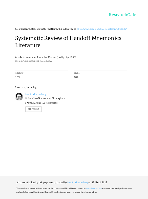 (PDF) Systematic Review of Handoff Mnemonics Literature