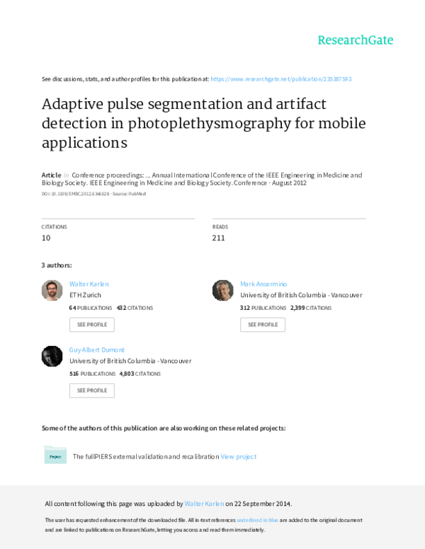 (PDF) Adaptive pulse segmentation and artifact detection in photoplethysmography for mobile ...