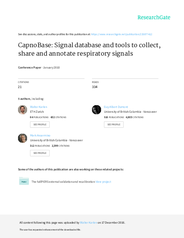 (PDF) CapnoBase: Signal database and tools to collect, share and ...