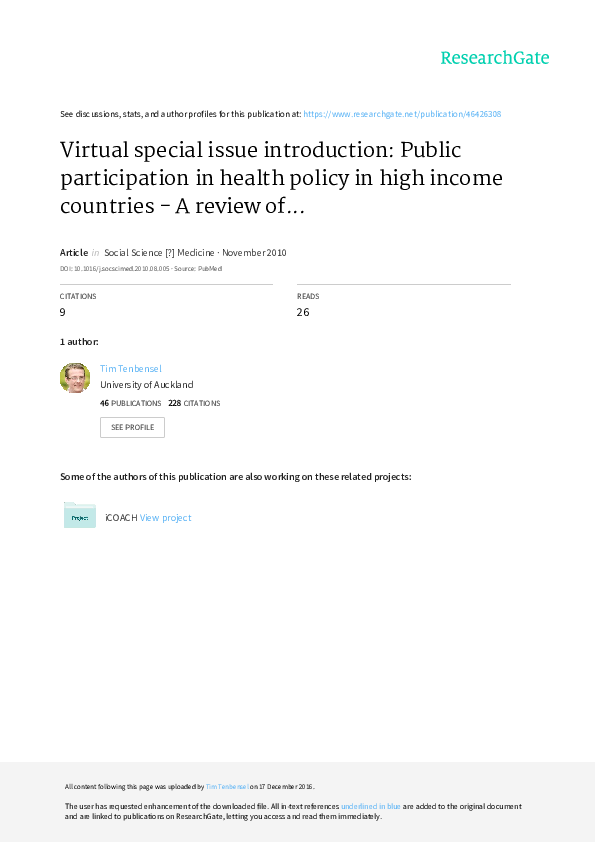 (PDF) Virtual special issue introduction: Public participation in health policy in high income ...
