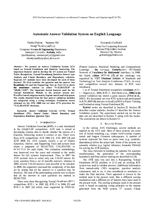 (PDF) Automatic Answer Validation System on English language