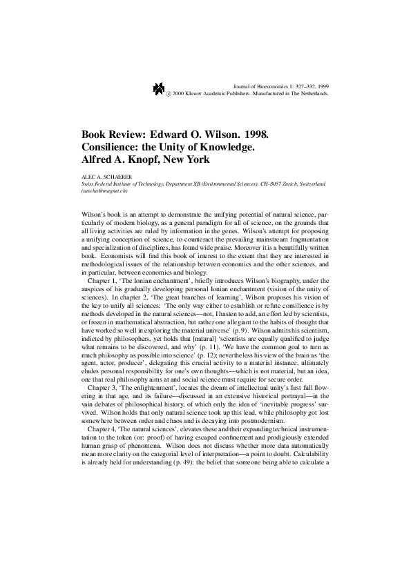 (PDF) Book Review: Edward O. Wilson. 1998. Consilience: the Unity of ...