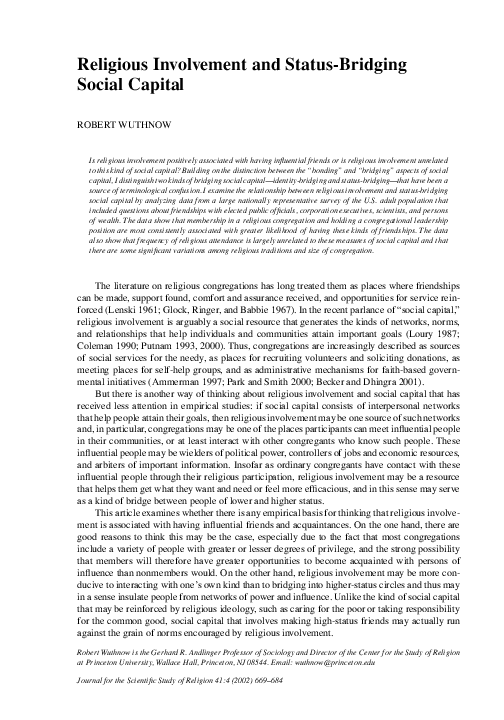 (PDF) Religious Involvement and Status-Bridging Social Capital