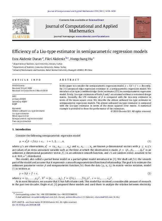 Pdf Efficiency Of A Liu Type Estimator In Semiparametric Regression Models Esra Akdeniz