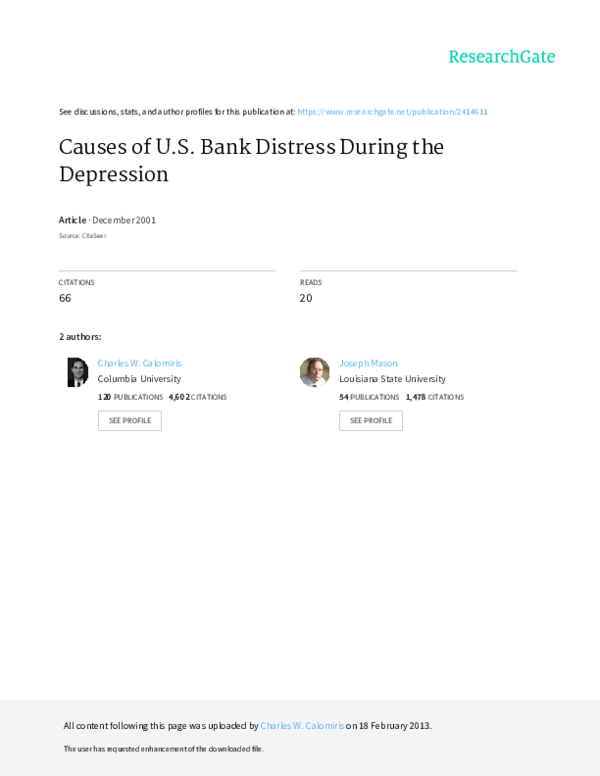 (PDF) Causes of U.S. Bank Distress During the Depression