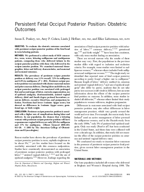 (PDF) Persistent fetal occiput posterior position: obstetric outcomes