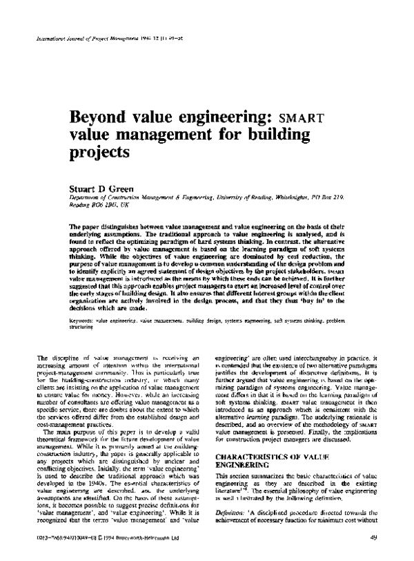 (PDF) Beyond value engineering: ? value management for building projects