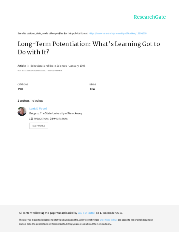 (PDF) Long-term potentiation: What's learning got to do with it ...