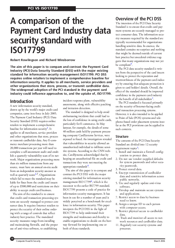 (PDF) A comparison of the Payment Card Industry data security standard with ISO17799
