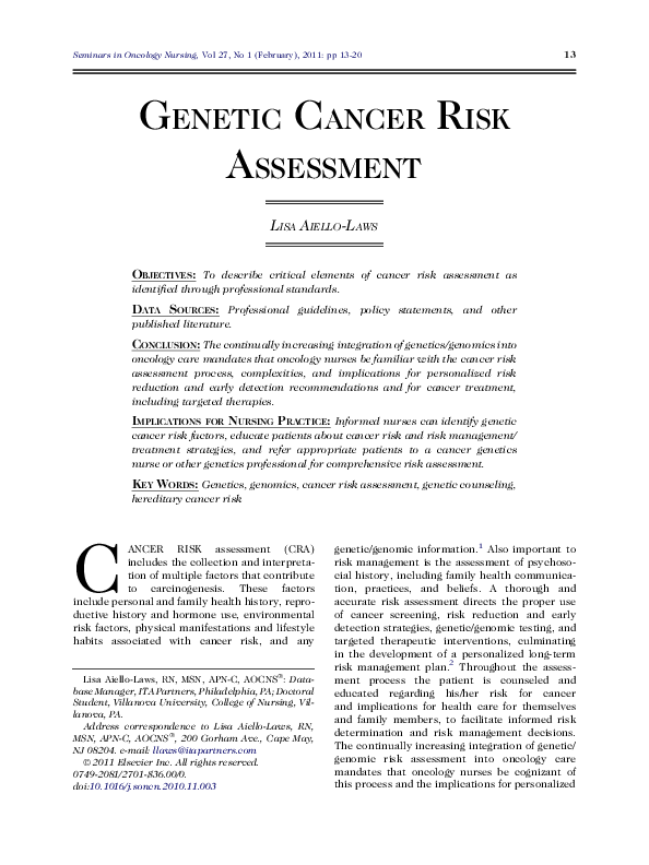 Pdf Genetic Cancer Risk Assessment Lisa B Aiello