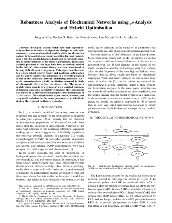 Pdf Robustness Analysis Of Biochemical Networks Using μ Analysis And Hybrid Optimisation