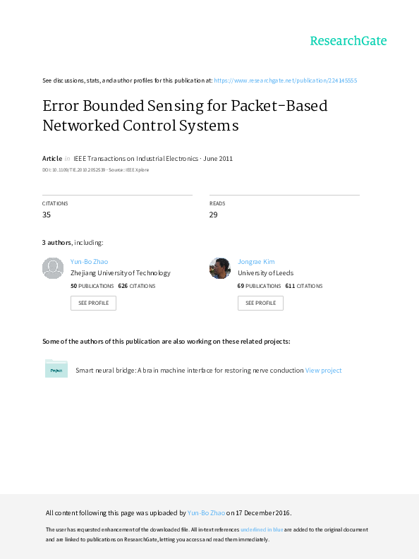 Pdf Error Bounded Sensing For Packet Based Networked Control Systems
