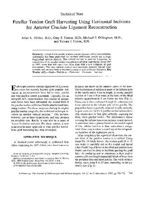 (PDF) Patellar tendon graft harvesting using horizontal incisions for anterior cruciate ligament ...