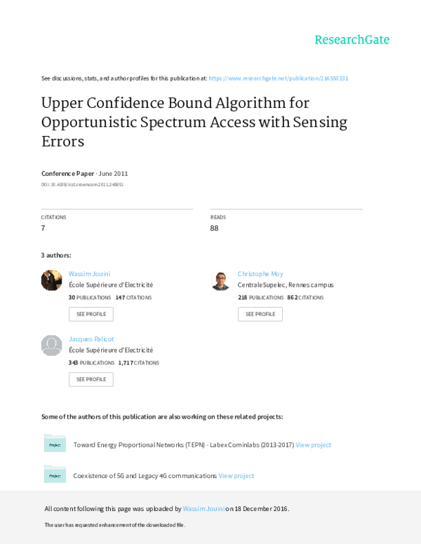 Pdf Upper Confidence Bound Algorithm For Opportunistic Spectrum Access With Sensing Errors