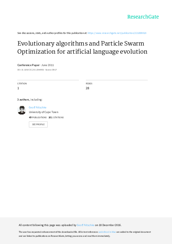 (PDF) Evolutionary algorithms and Particle Swarm Optimization for artificial language evolution