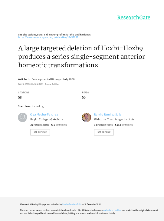 (PDF) A large targeted deletion of Hoxb1-Hoxb9 produces a series single ...