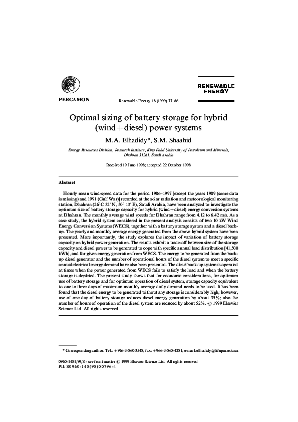 (PDF) Optimal sizing of battery storage for hybrid (wind+diesel) power systems