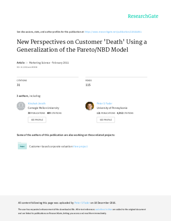 Pdf New Perspectives On Customer “death” Using A Generalization Of The Pareto Nbd Model
