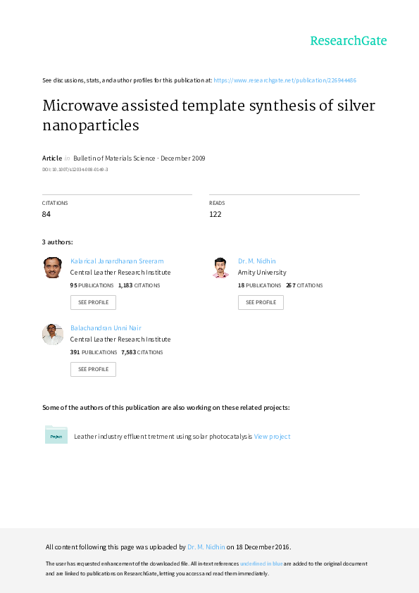 (PDF) Microwave assisted template synthesis of silver nanoparticles
