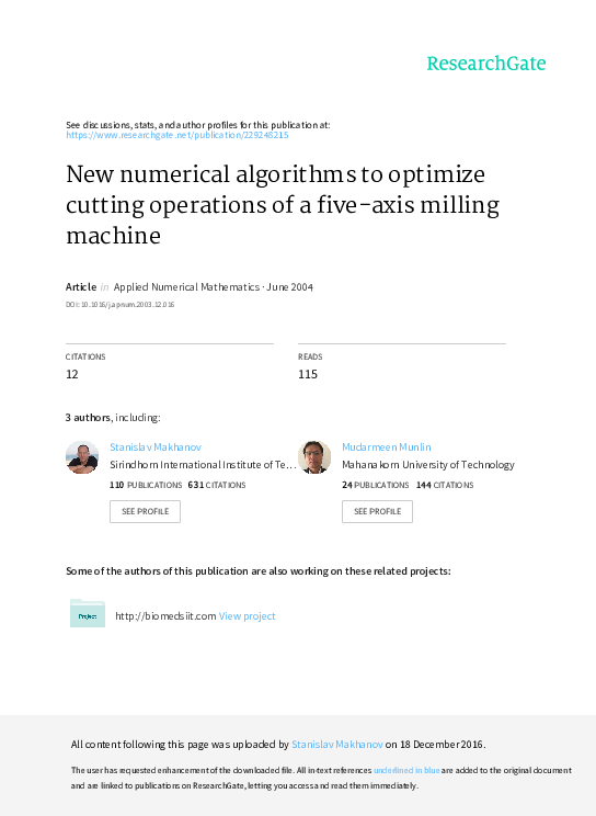 Pdf New Numerical Algorithms To Optimize Cutting Operations Of A Five Axis Milling Machine