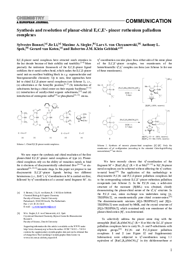 (PDF) Synthesis and Resolution of Planar-Chiral Ruthenium-Palladium Complexes with ECE′ Pincer ...