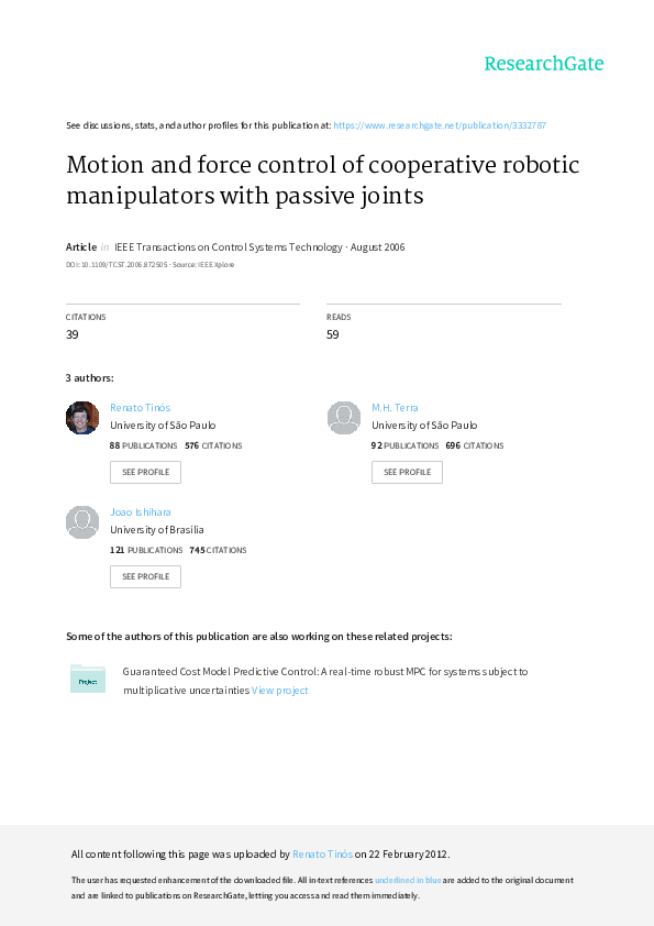 (PDF) Motion and force control of cooperative robotic manipulators with passive joints
