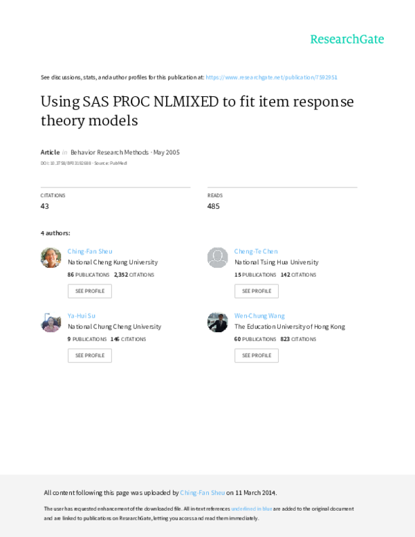 (PDF) Using SAS PROC NLMIXED to fit item response theory models