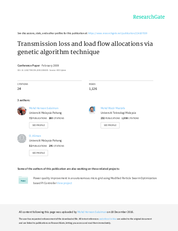 Pdf Transmission Loss And Load Flow Allocations Via Genetic Algorithm Technique