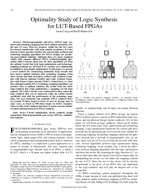 (PDF) Optimality Study of Logic Synthesis for LUT-Based FPGAs