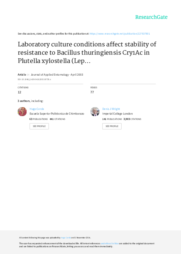 (PDF) Laboratory culture conditions affect stability of resistance to Bacillus thuringiensis ...
