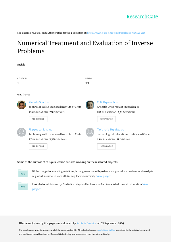 (PDF) Numerical Treatment and Evaluation of Inverse Problems