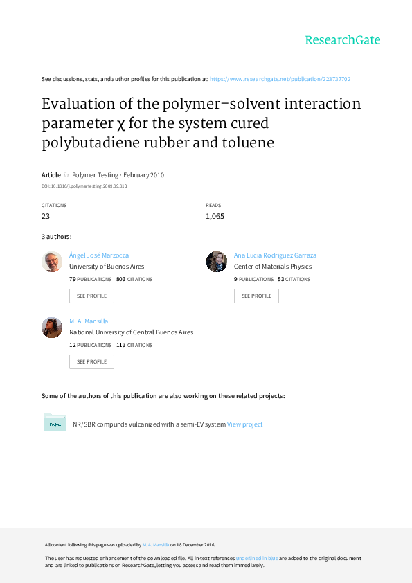 (PDF) Evaluation of the polymer–solvent interaction parameter χ for the ...