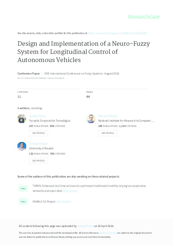 Pdf Design And Implementation Of A Neuro Fuzzy System For Longitudinal Control Of Autonomous