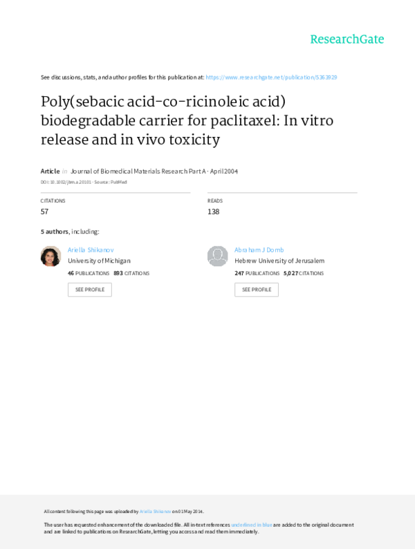 (PDF) Poly(sebacic acid- co -ricinoleic acid) Biodegradable Injectable ...