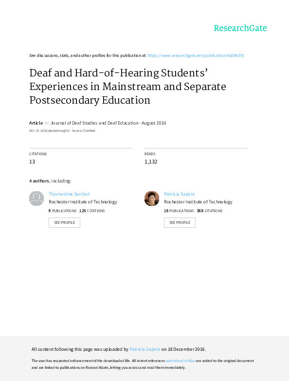 (PDF) Deaf and Hard-of-Hearing Students' Experiences in Mainstream and ...