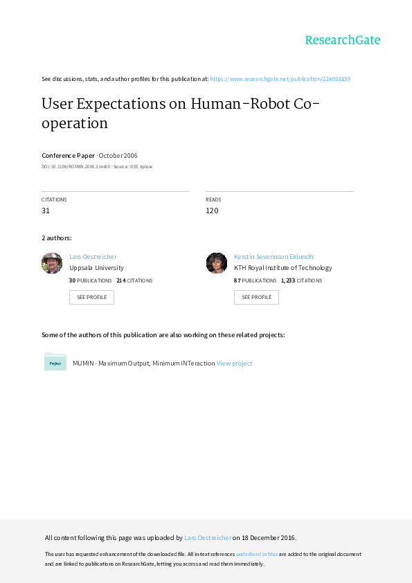 (PDF) User Expectations on Human-Robot Co-operation