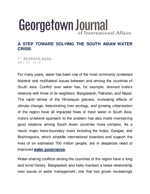 (PDF) A STEP TOWARD SOLVING THE SOUTH ASIAN WATER CRISIS