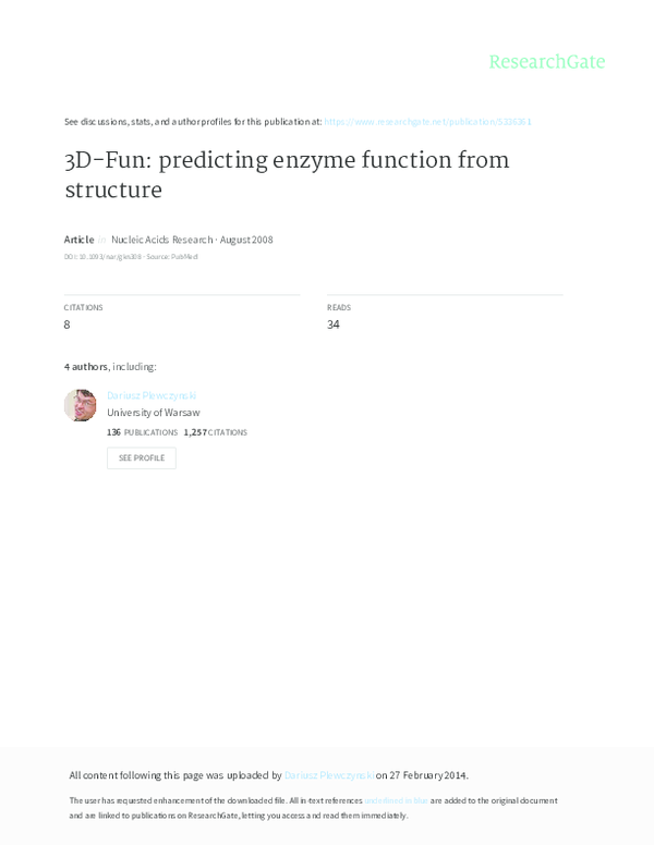 (PDF) 3D-Fun: predicting enzyme function from structure