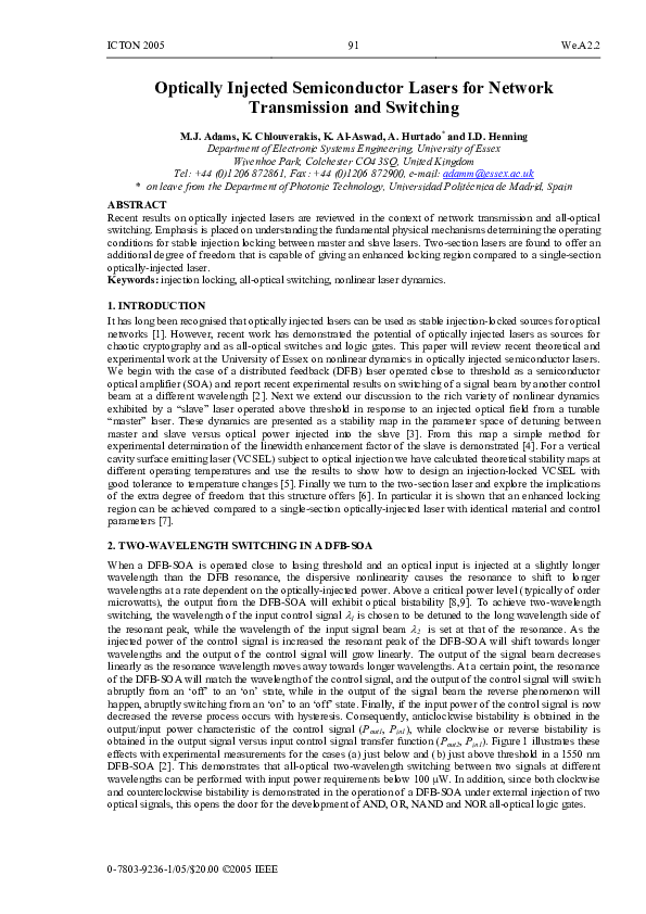 (PDF) Optically injected semiconductor lasers for network transmission and switching